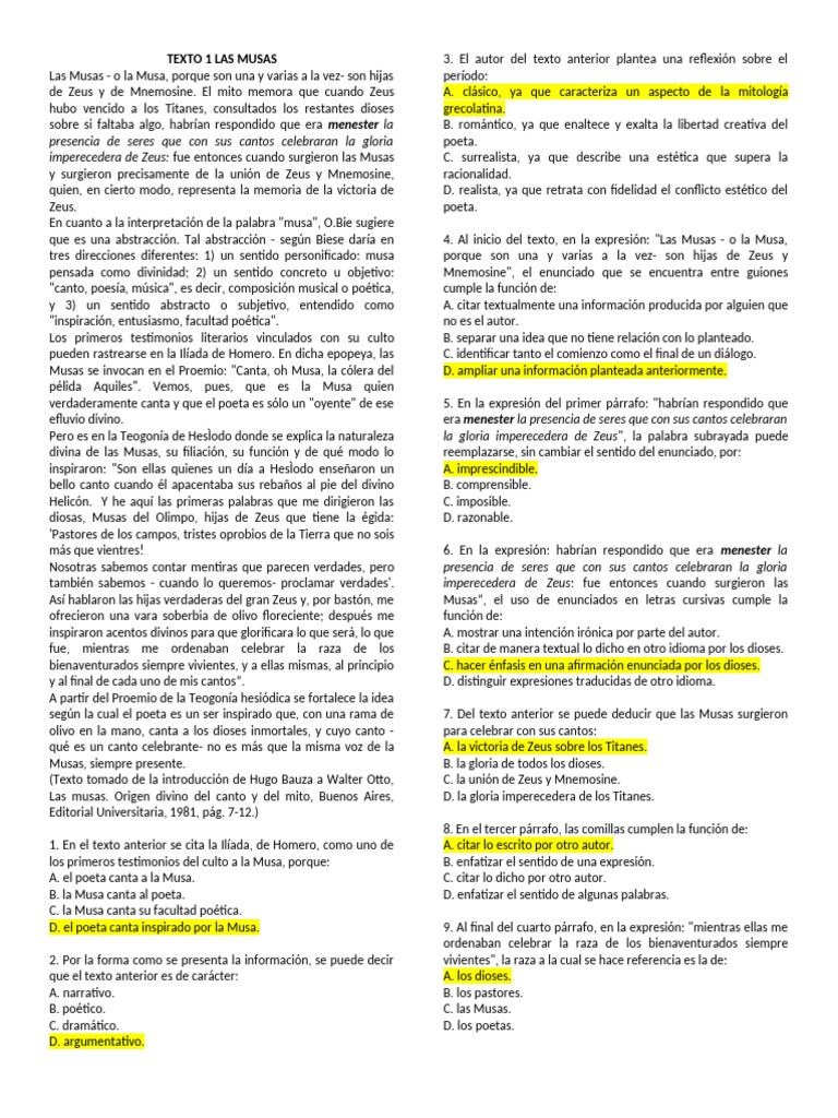 Taller ICFES Las Musas | PDF | Musa | Zeus