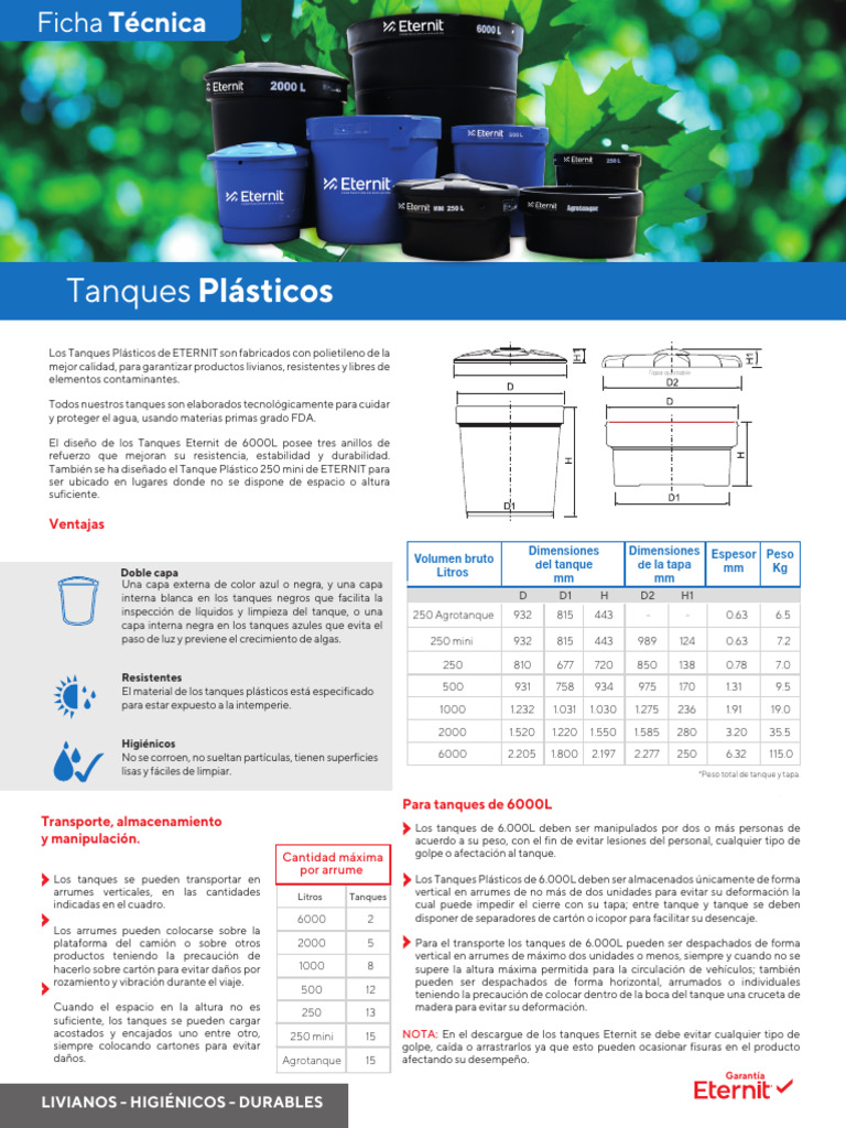 Tanques Plásticos ETERNIT: Ventajas y Uso | PDF | Tanques | Líquidos