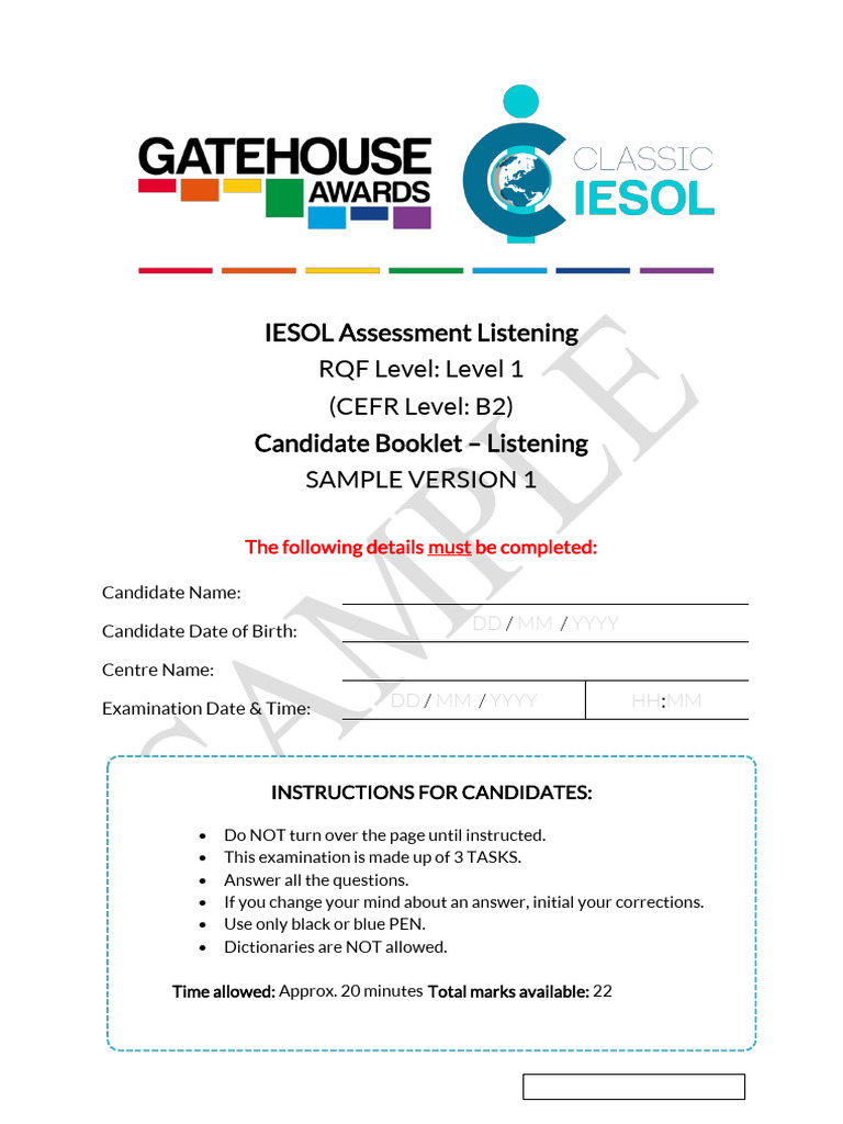 IESOL Level 1 Listening Assessment Sample | PDF