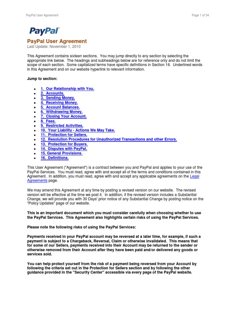 Paypal User Agreement | Pay Pal | Payments