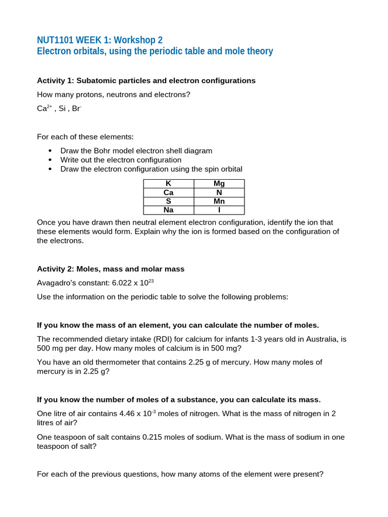 NUT1101 Week 1 - Workshop 2 - Electron Orbitals, Periodic Table and ...
