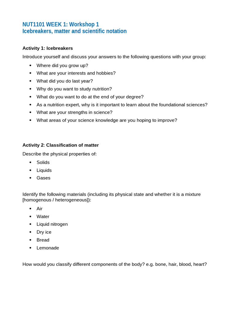 NUT1101 Week 1 - Workshop 1 - Icebreakers, Matter and Scientific ...