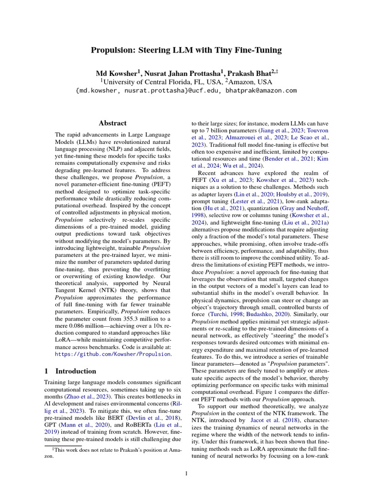 Propulsion: Steering LLM With Tiny Fine-Tuning: MD Kowsher, Nusrat Jahan Prottasha, Prakash Bhat ...