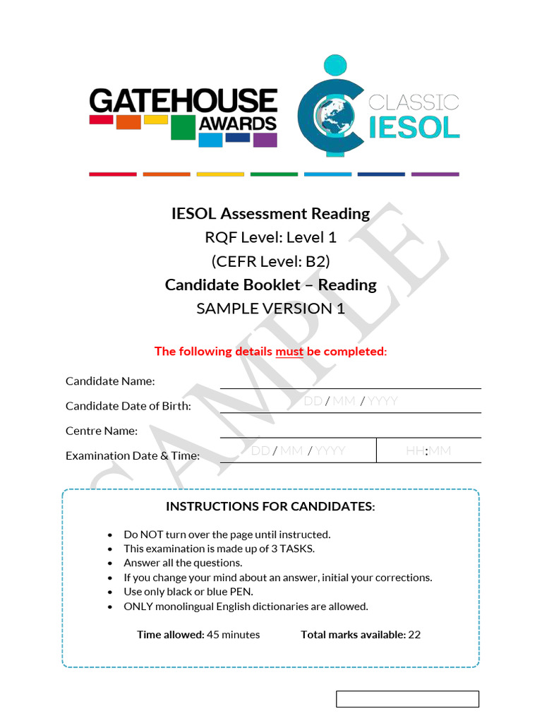 GA IESOL L1 (B2) Candidate Booklet Reading Sample 1 | PDF | Libraries