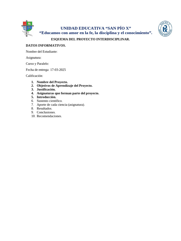 Esquema Del Proyecto Interdisciplinar. | PDF