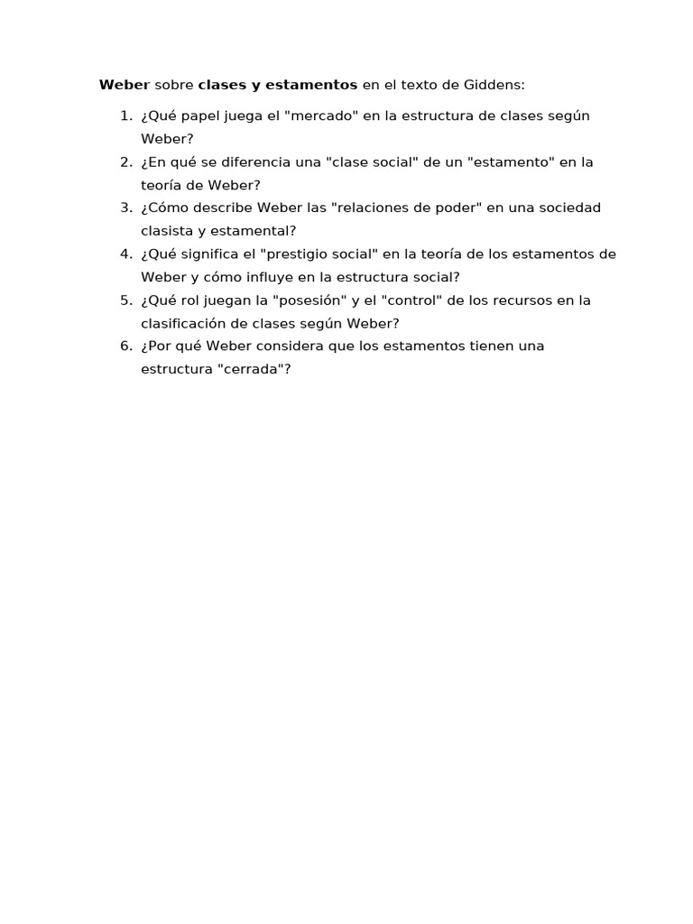 Weber Preguntas Sobre Clases y Estamentos en El Texto de Giddens | PDF