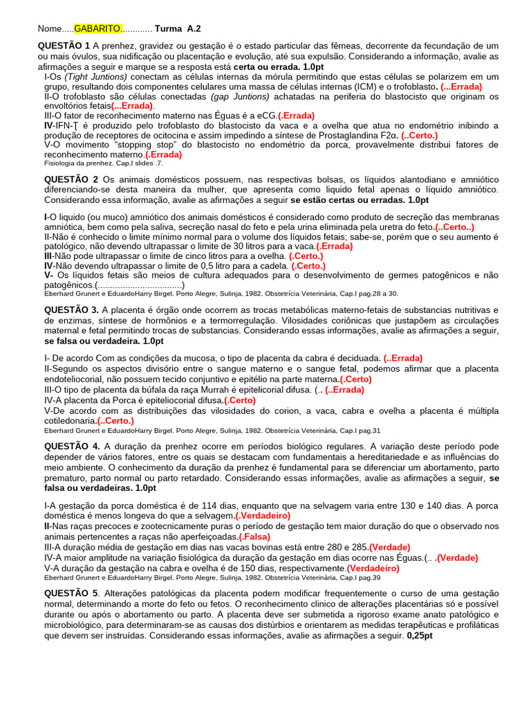 Gabarito (A.2) Npa 1 2024 A.2. | PDF | Gravidez | Placenta