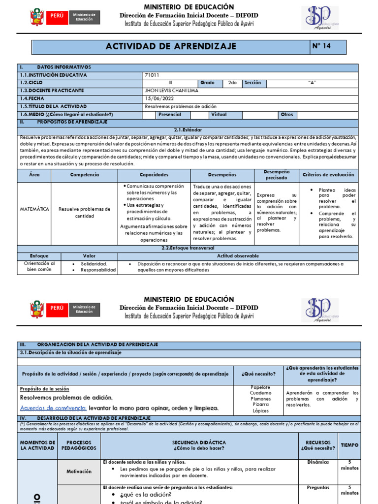 Sesión de Aprendizaje Matematica (14) | PDF | Aprendizaje | Maestros