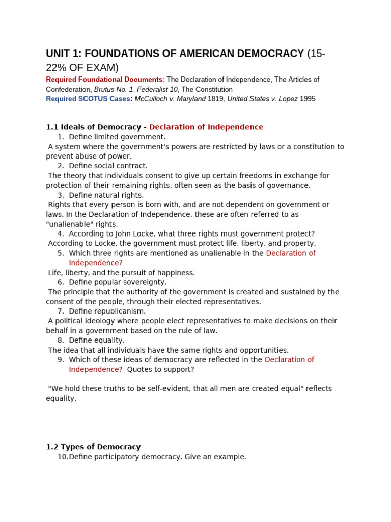Unit 1 Review (1) Ap Us Gov | PDF | Separation Of Powers | Democracy