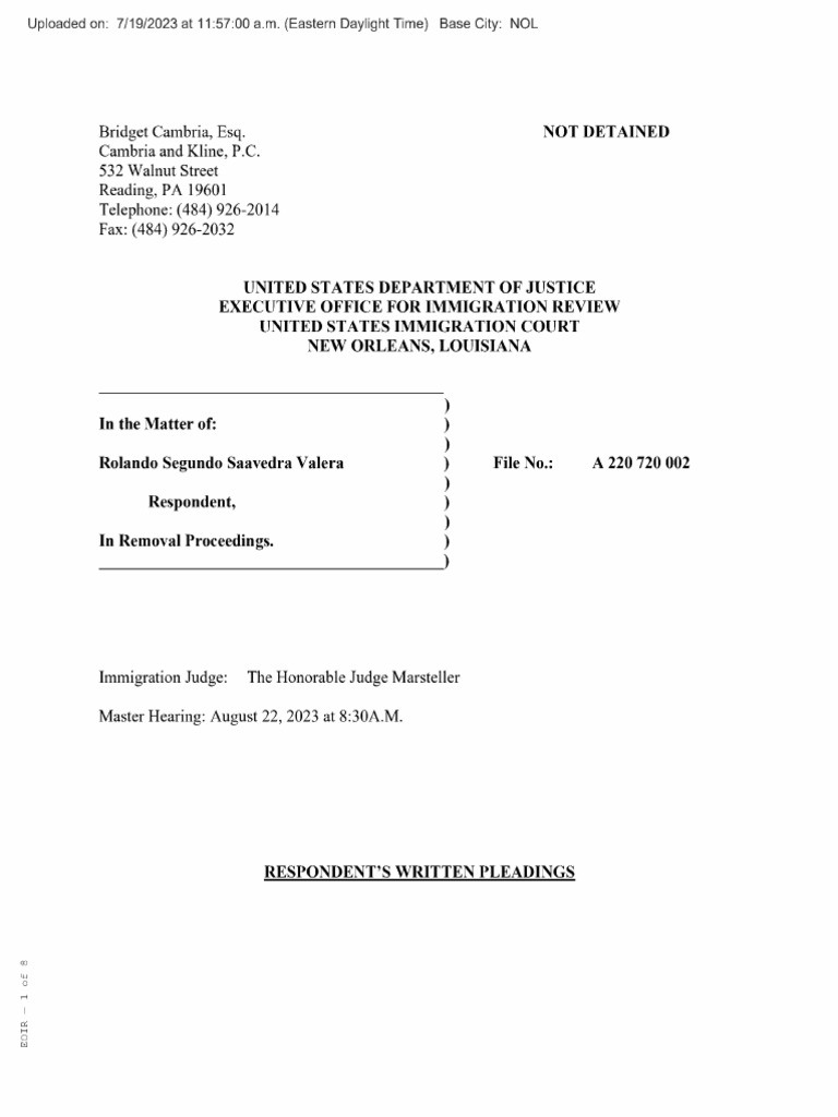 Respondent's Written Pleadings in Court | PDF | Removal Proceedings ...