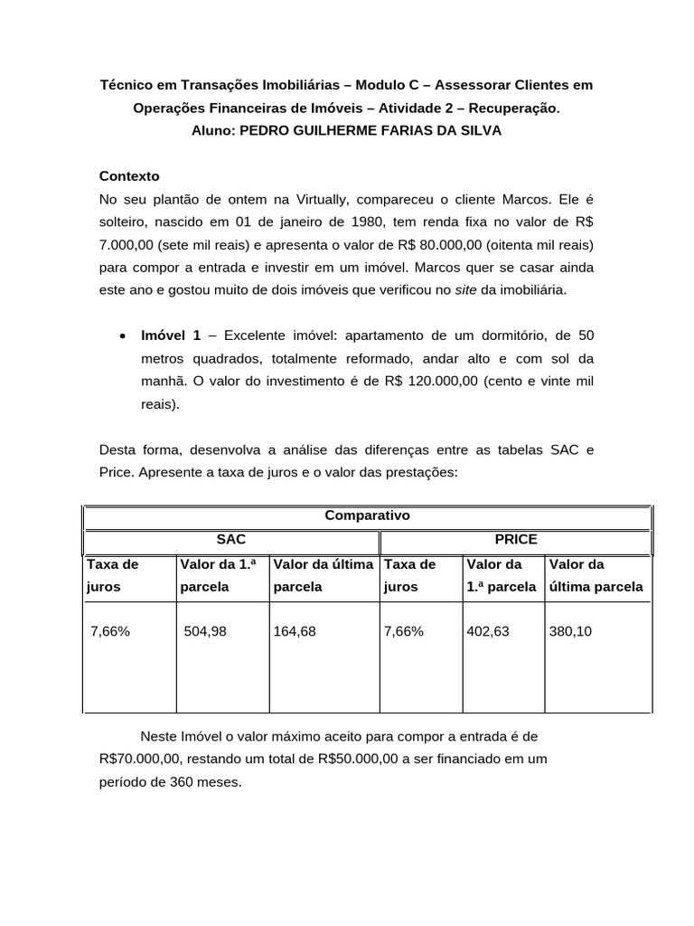 Análise de Financiamento Imobiliário SAC vs PRICE | PDF | Juros | Economias