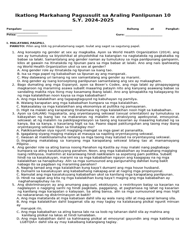 Ikatlong Markahang Pagsusulit Sa AP 10 | PDF