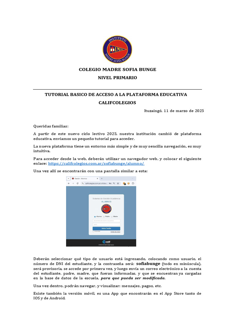 TUTORIAL PLATAFORMA EDUCATIVA CALIFCOLEGIOS - Link | PDF