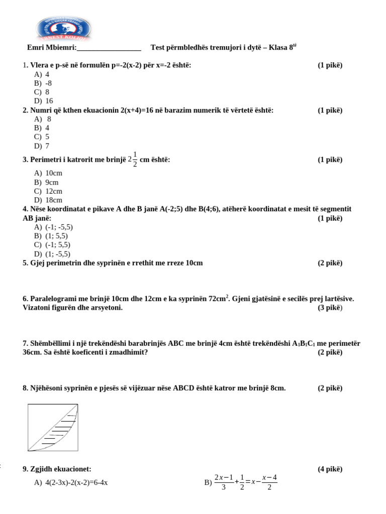Test Per Tremujorin e Dyte Matematike 8 +blueprint | PDF