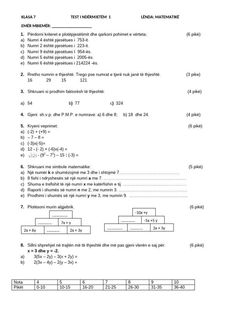 Test Vleresues Matematike 7 (Nde Êrmjetes) | PDF