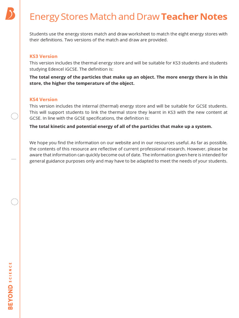 Energy Stores Match and Draw Worksheet | PDF