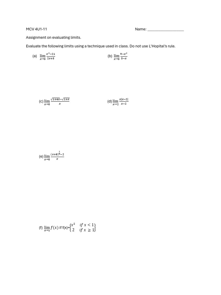 MCV 4U1 Unit #1 Assignment On Evaluating Limits | PDF