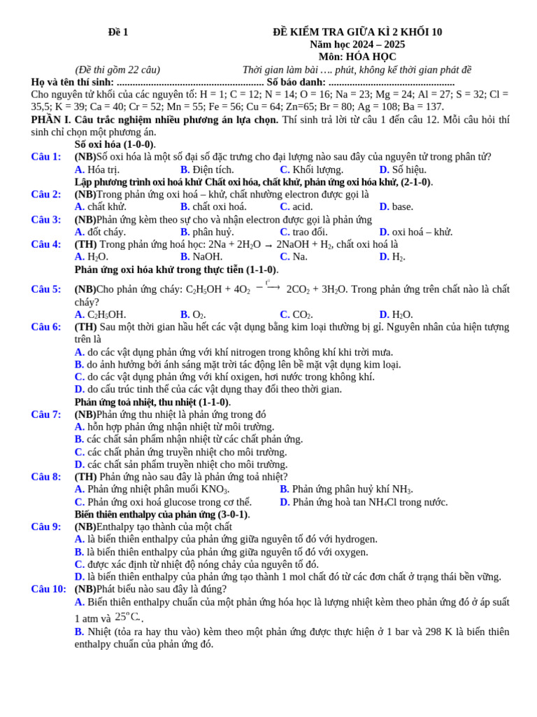 3 ban Đề GK2 hóa 10 nộp 2024-2025 - | PDF
