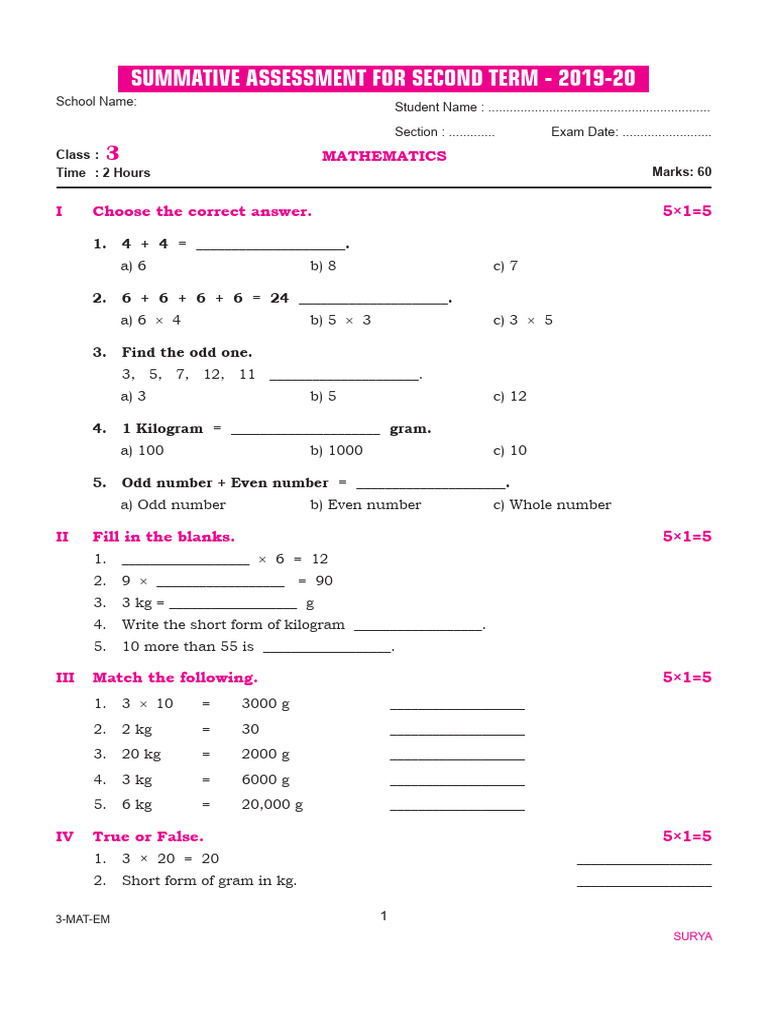 Class 3 Maths Question Paper 2019-20 | PDF | Elementary Mathematics ...