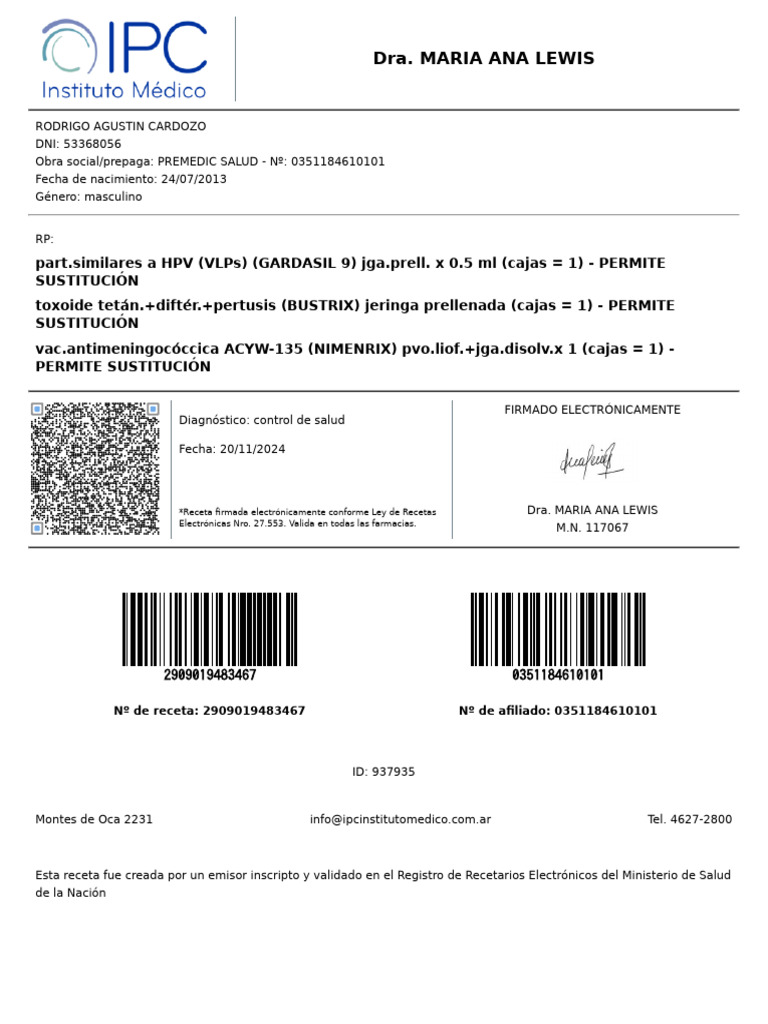 Receta Electrónica GARDASIL 9 y BUSTRIX | PDF