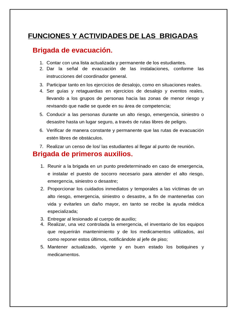 Funciones de Brigadas Escolares 2025 | PDF | Primeros auxilios