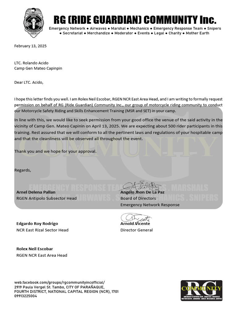 RG Letterhead - NCR East BT 2025 | PDF | Motorcycling | Outdoor Recreation