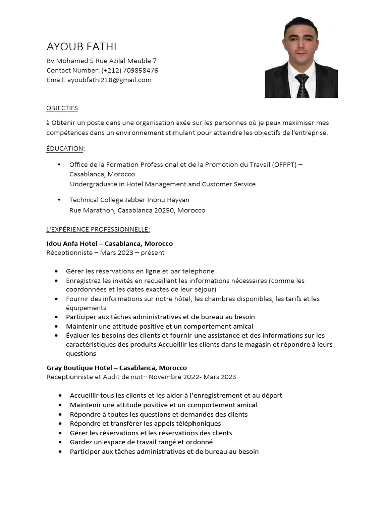 Profil d'Ayoub Fathi - Réceptionniste | PDF