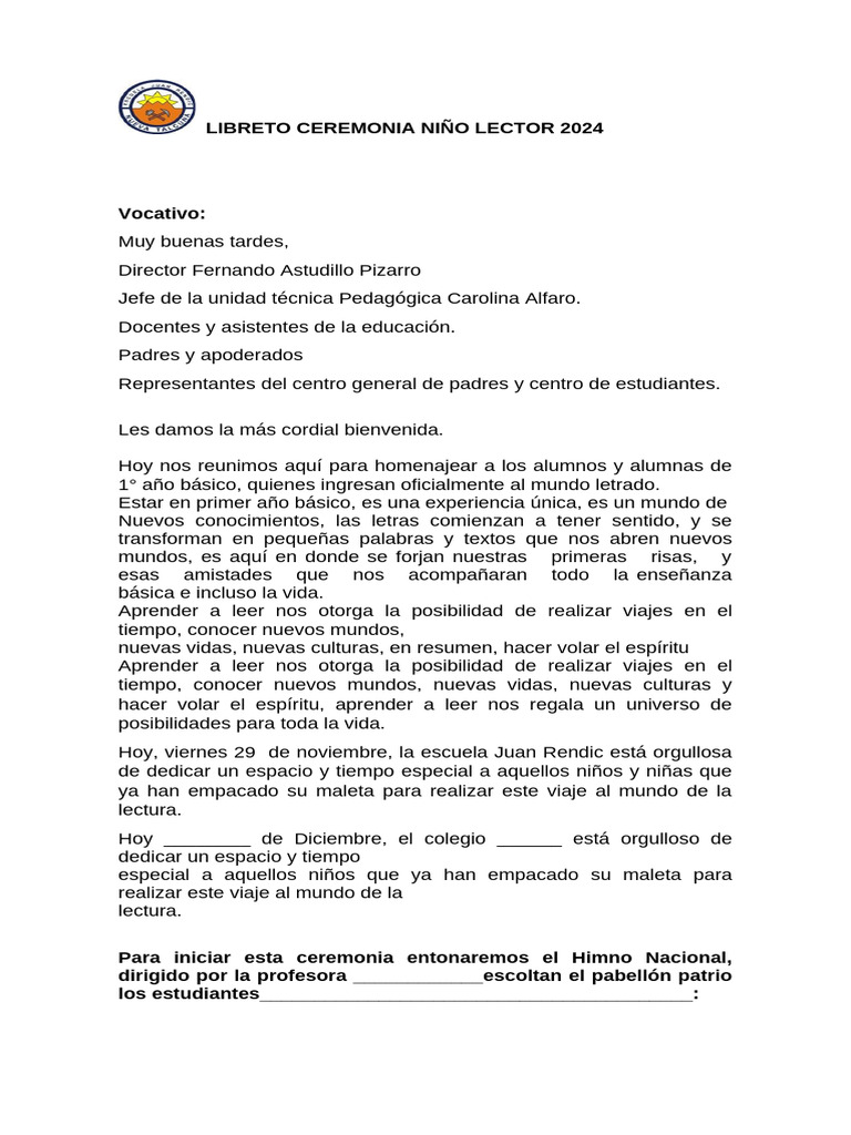 Libreto Ceremonia Niño Lector | PDF | Aprendizaje