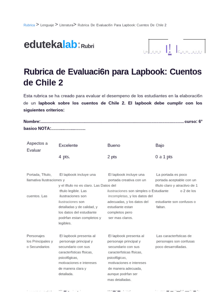 Rúbrica De Evaluación Para Lapbook_ Cuentos De Chile 2 | PDF | Rúbrica (Académica) | Cómics