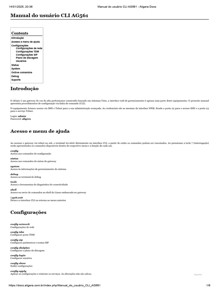Manual Do Usuário CLI AG561 - Aligera Docs | PDF | Endereço de IP ...