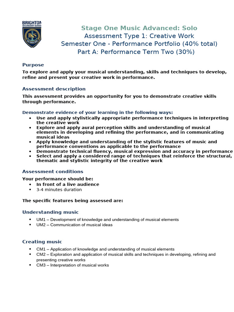 Stage One Music Advanced Solo Task Sheet Semester One | PDF | Knowledge ...