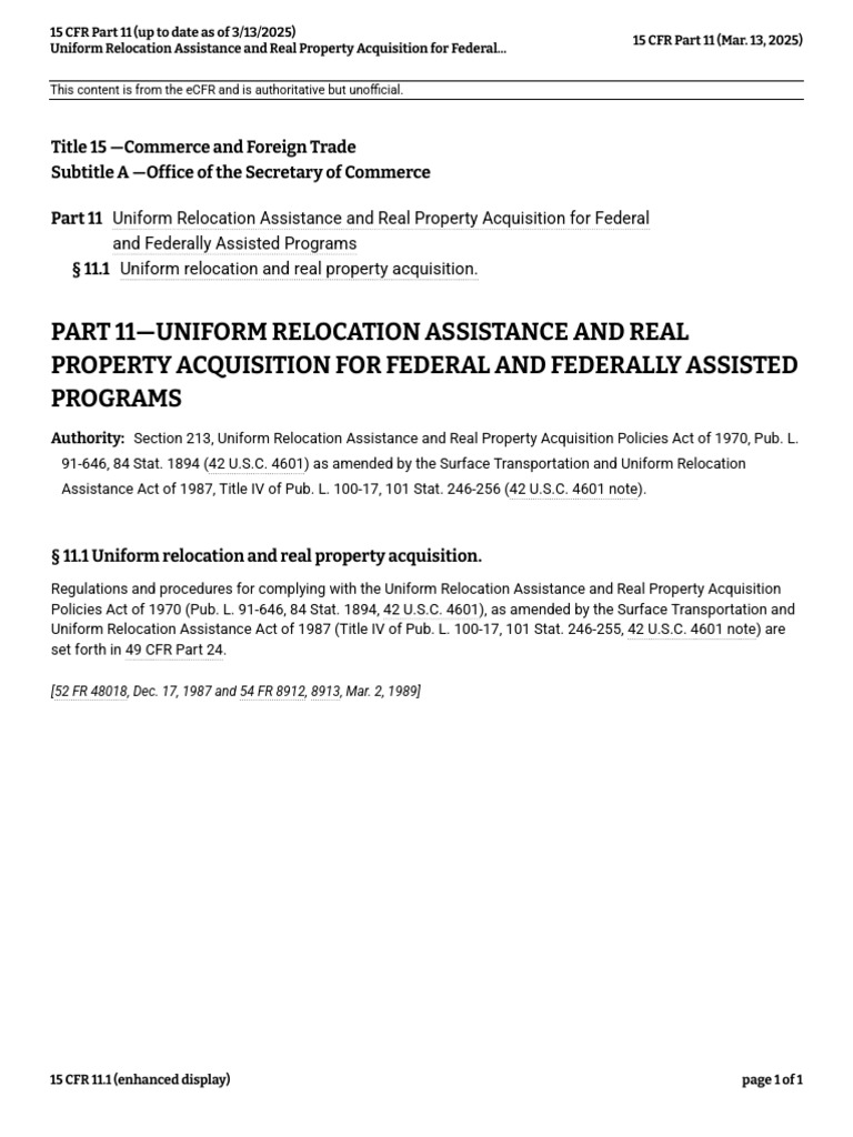 Uniform Relocation Assistance Regulations | PDF