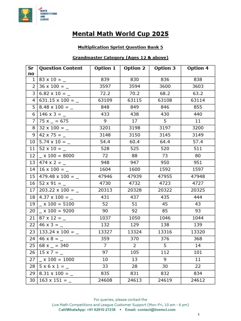 9-Grandmaster Sprint Multiplication Question Bank 5-MMWC 2025 | PDF