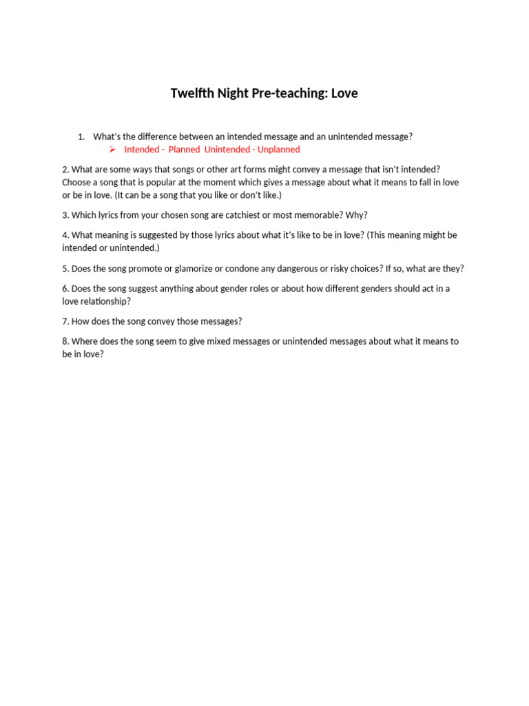 Twelfth Night Pre-Teaching - Love in Popular Songs | PDF