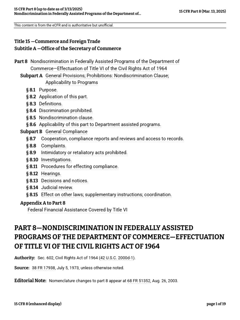 15 CFR Part 8 (Up To Date As of 3-13-2025) | PDF | Employment | Civil Rights Act Of 1964