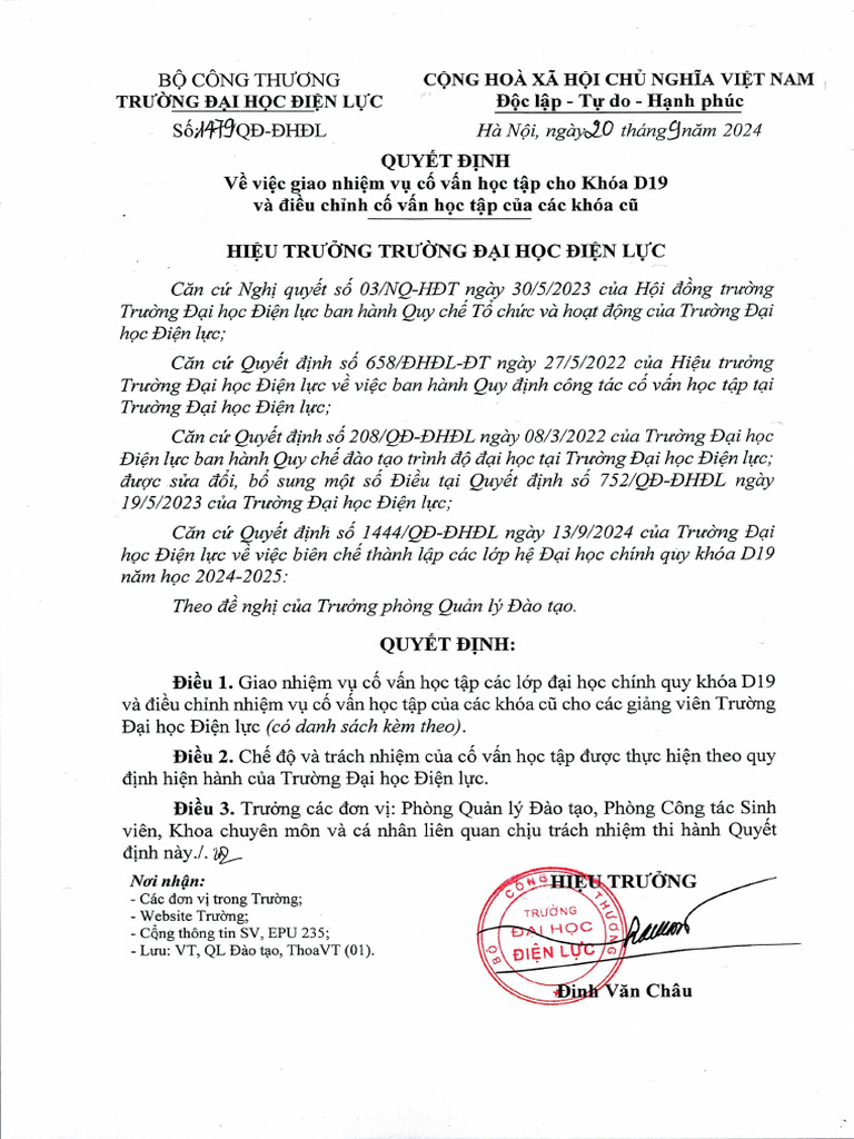 1479-QD Giao Nhiem Vu Co Van Hoc Tap Cho Khoa D19 Va Dieu Chinh Cua Khoa Cu - 0001 | PDF