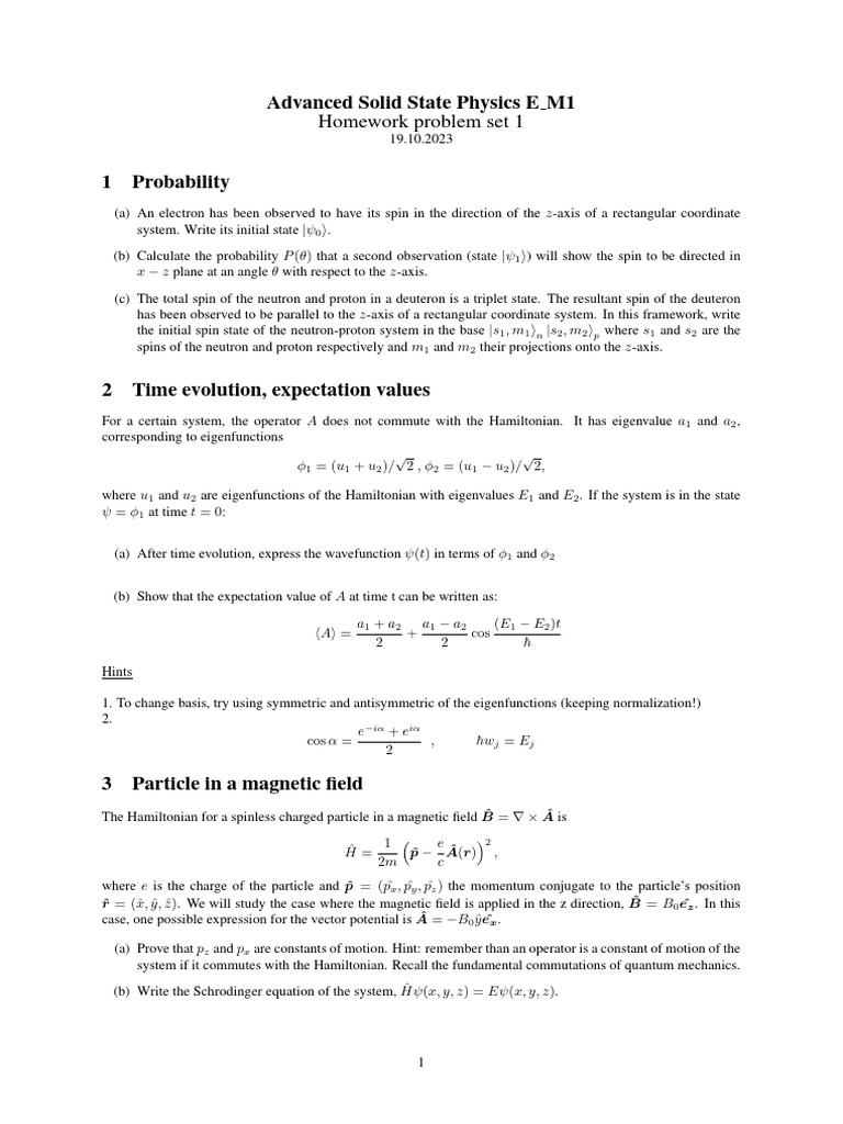 Advanced Solid State HW1 2 | PDF | Applied And Interdisciplinary Physics | Quantum Mechanics