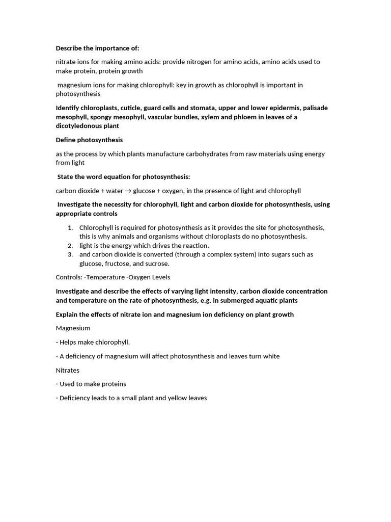 Biology IGCSE Plant Nutrition Notes | PDF | Leaf | Photosynthesis