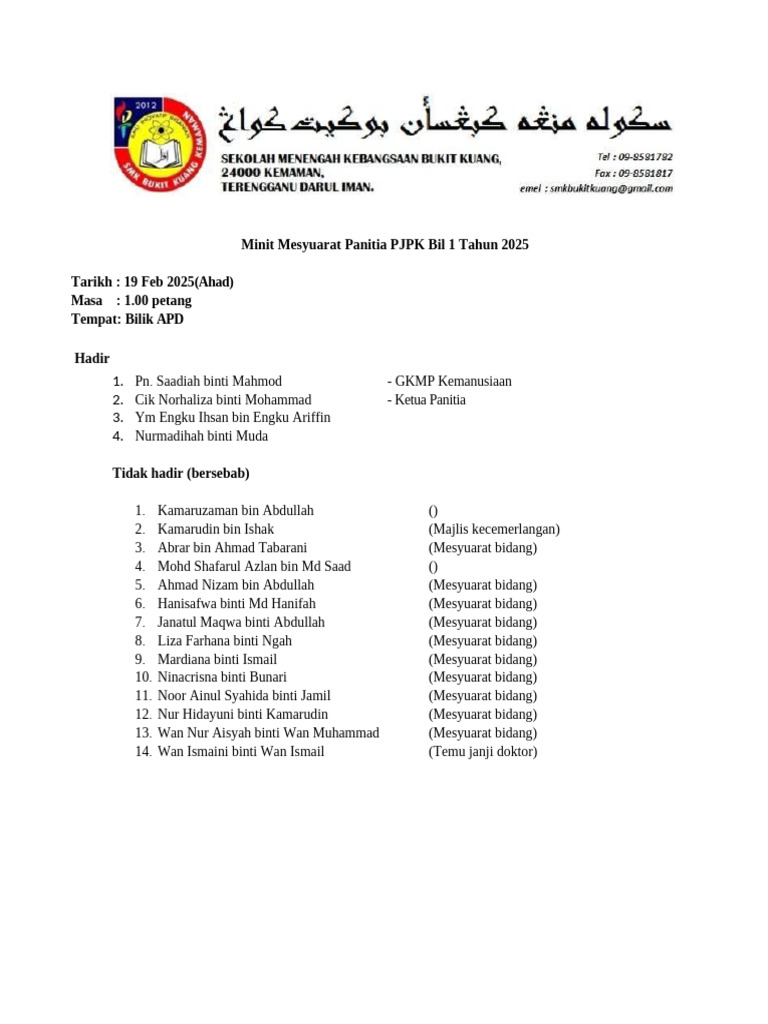 Minit Mesyuarat 1 Panitia PJPK | PDF