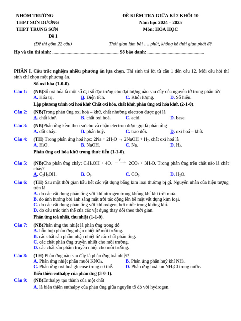 Đề GK2 hóa 10 nộp 2024-2025 - ĐỀ 1 | PDF