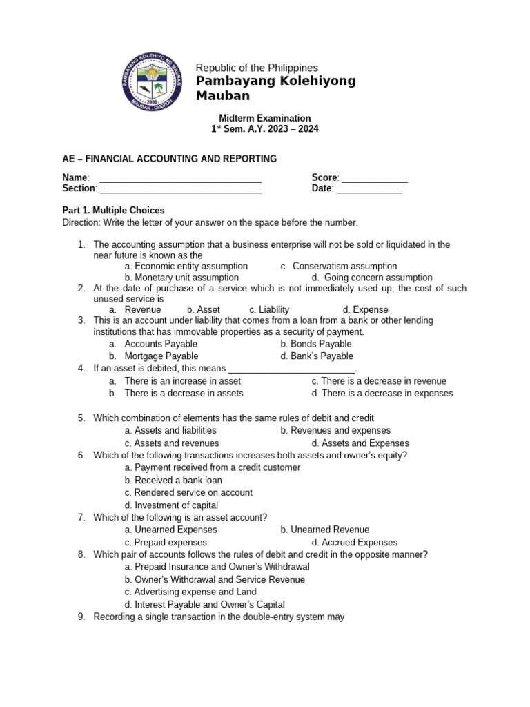 Financial Accounting and Reporting - Midterm Examination Questionnaire | PDF | Debits And ...