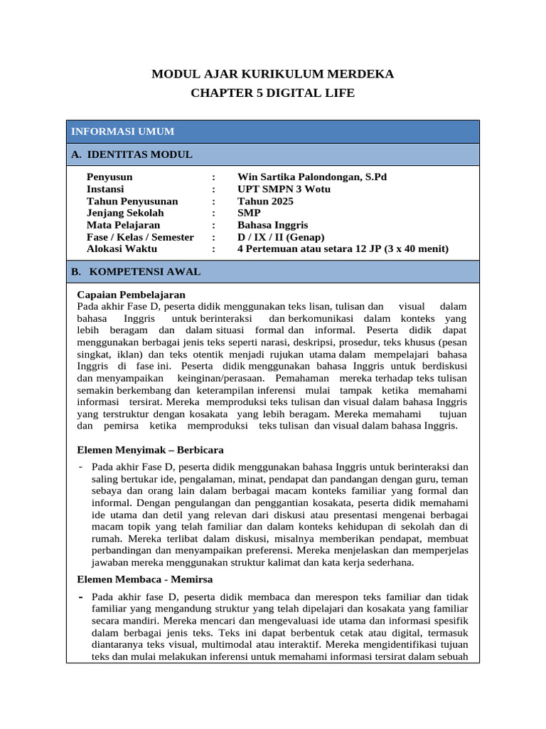 Modul Ajar Chapter 5 Digital Life | PDF