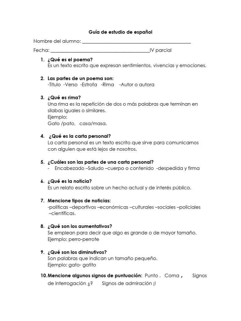 Guía de Estudio de Español | PDF