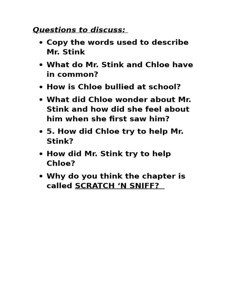Mr. Stink Discussion Questions | PDF
