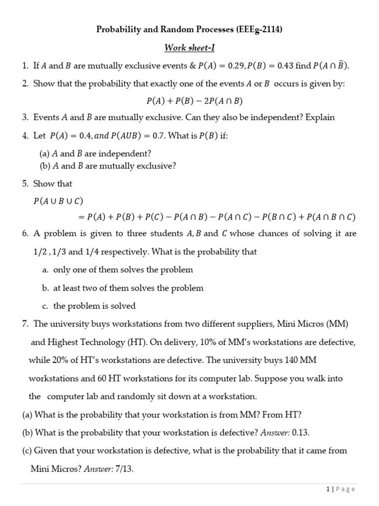 Work Sheet I-Introduction To Probability | PDF | Probability ...