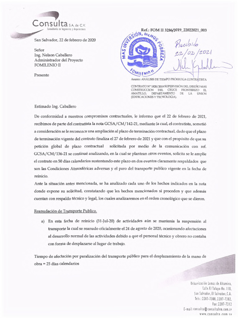 FOM II 3286-2019 - 22022021 - 003 - Análisis de Tiempo Prórroga Contratista | PDF