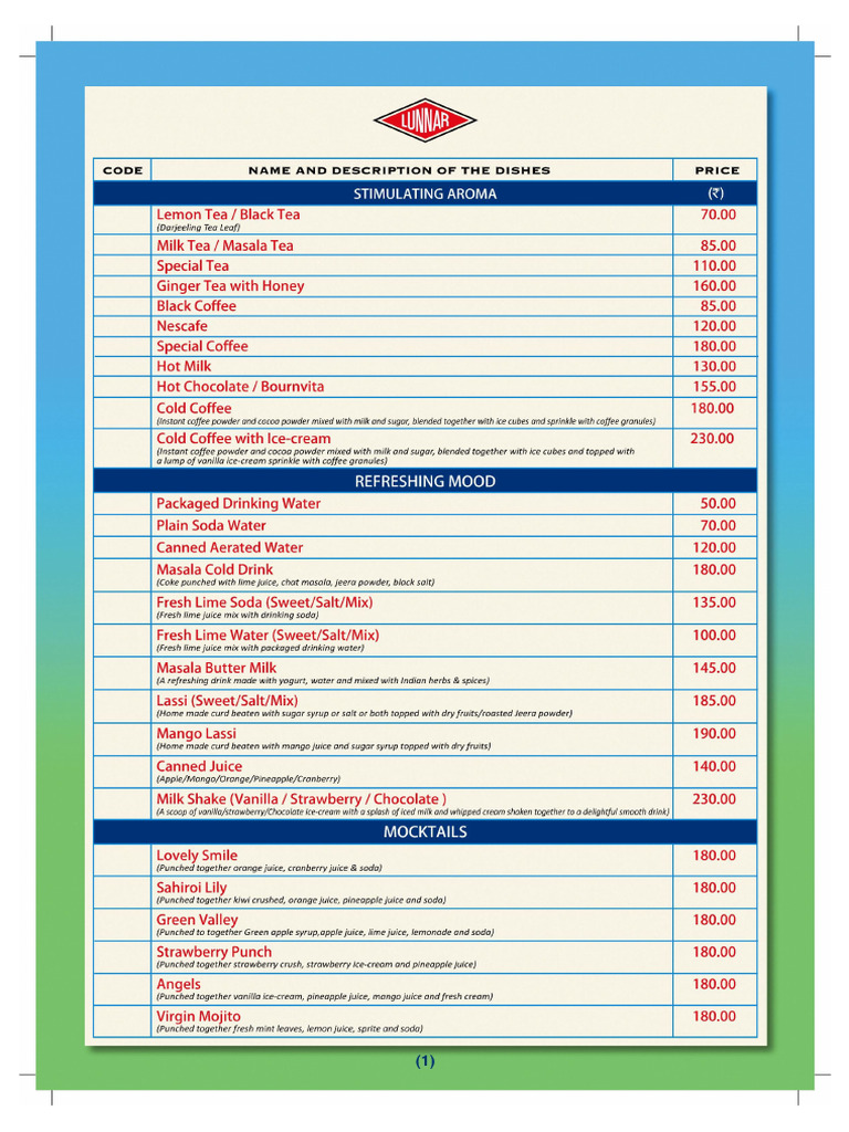Lunnar Restaurant Menu New | PDF