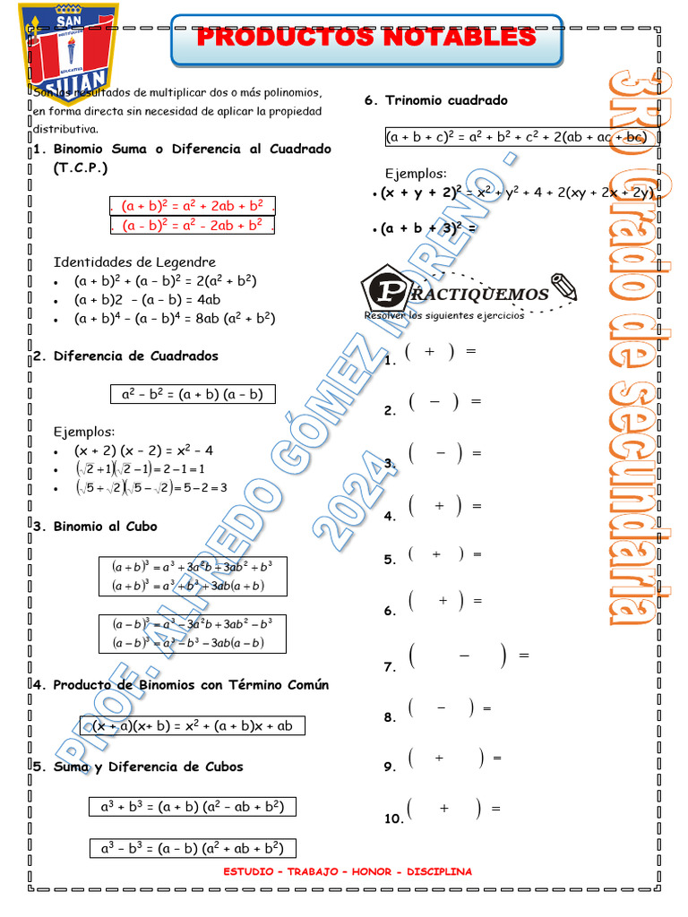 Productos Notables y Ejercicios | PDF | Factorización | Álgebra