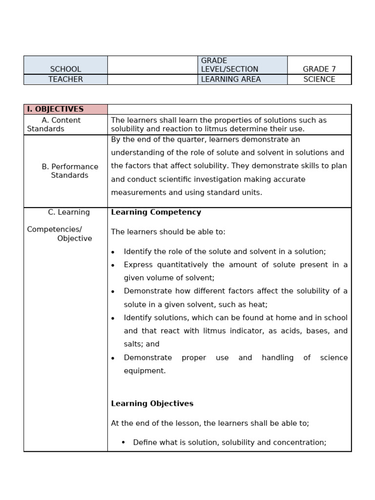 Grade 7 Leeson Plan First Grading 040300 | PDF | Mixture | Solubility