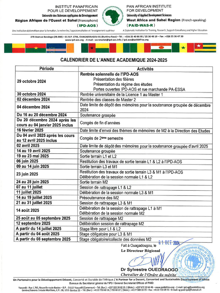 Calendrier de L'annee Academique 2024-2025 | PDF